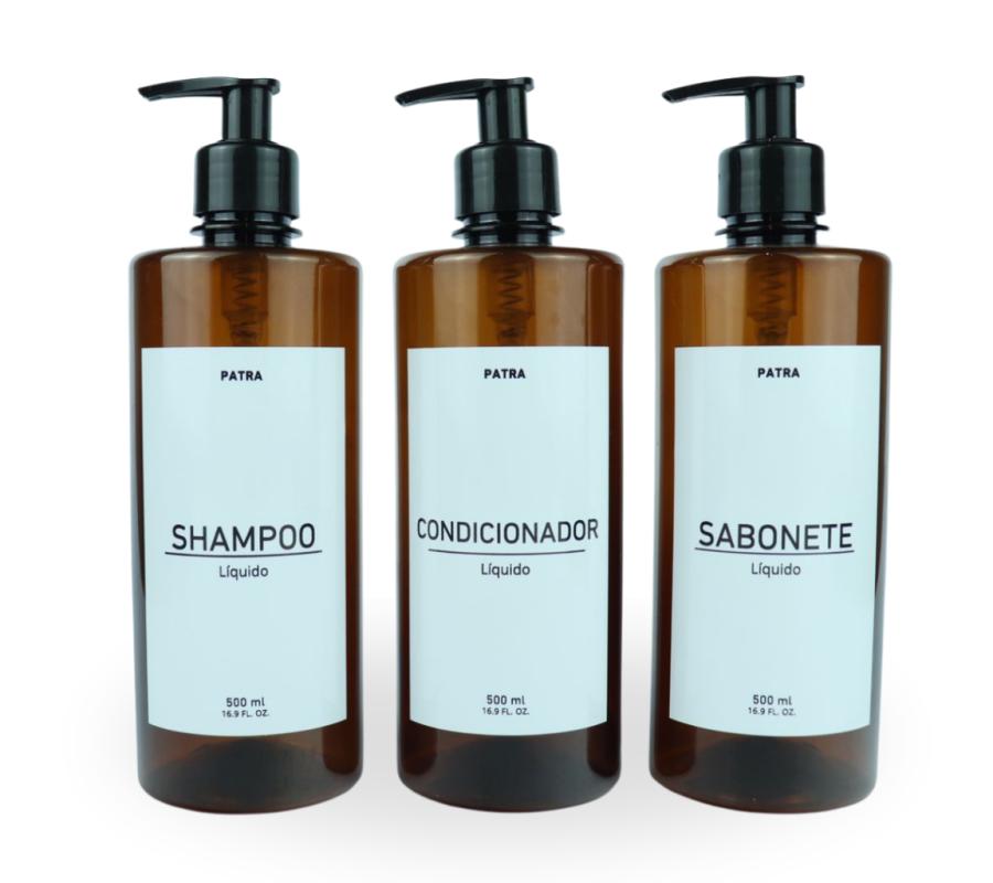 Frasco para shampoo e condicionador 500ml ambar kit 3pçs para banheiro